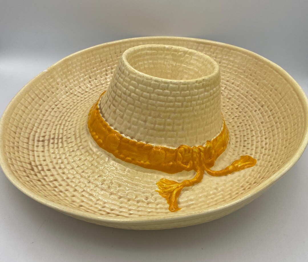 Vintage Whittier Pottery Sombrero Straw Hat Chips and Salsa Dip Bowl ...