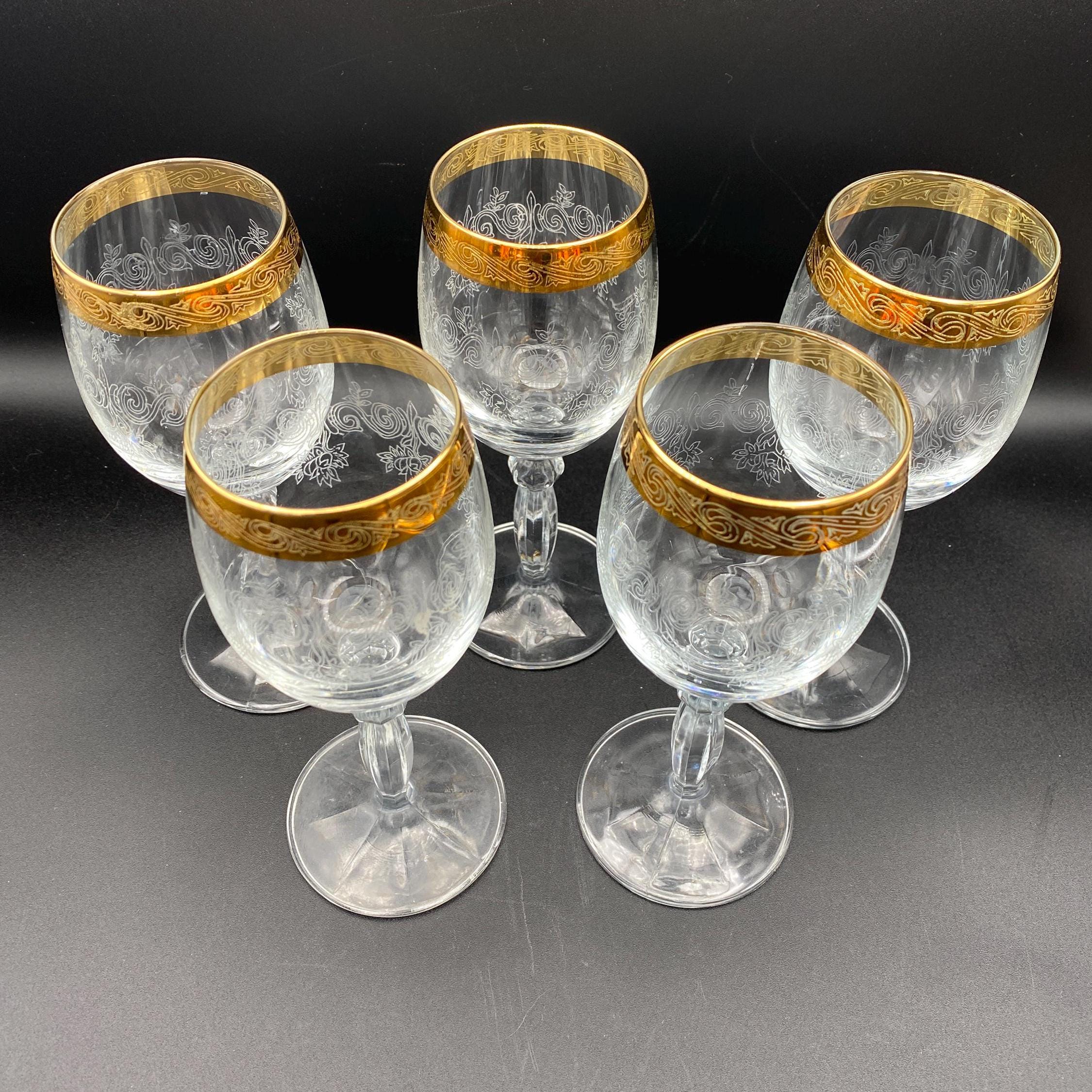 Gold Rimmed Etched Wine Glasses; Ornate Gold Rim; Set of 5 - Etsy