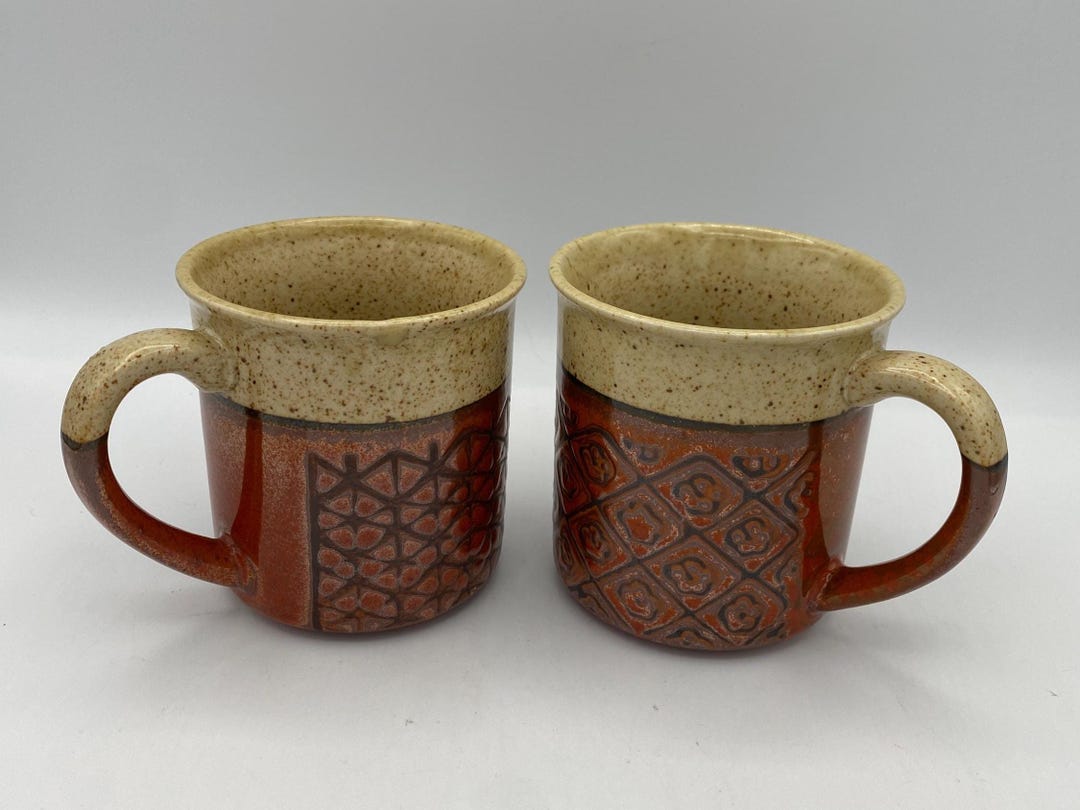 Hand Thrown Stoneware Mugs (pair) - Earthy Two-tone Design - Rustic ...