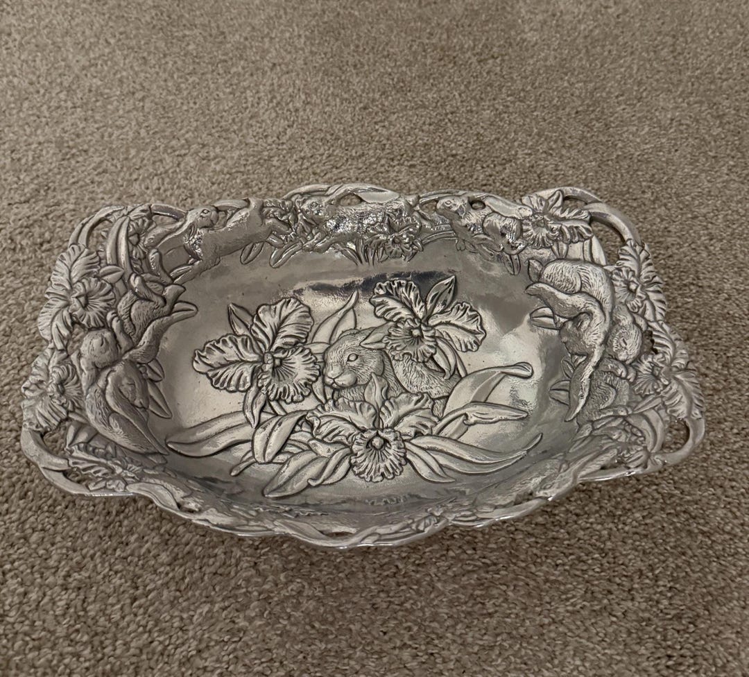 Arthur Court 1993 Bunny & Daffodil Aluminum Serving Bowl • Rabbit Motif ...