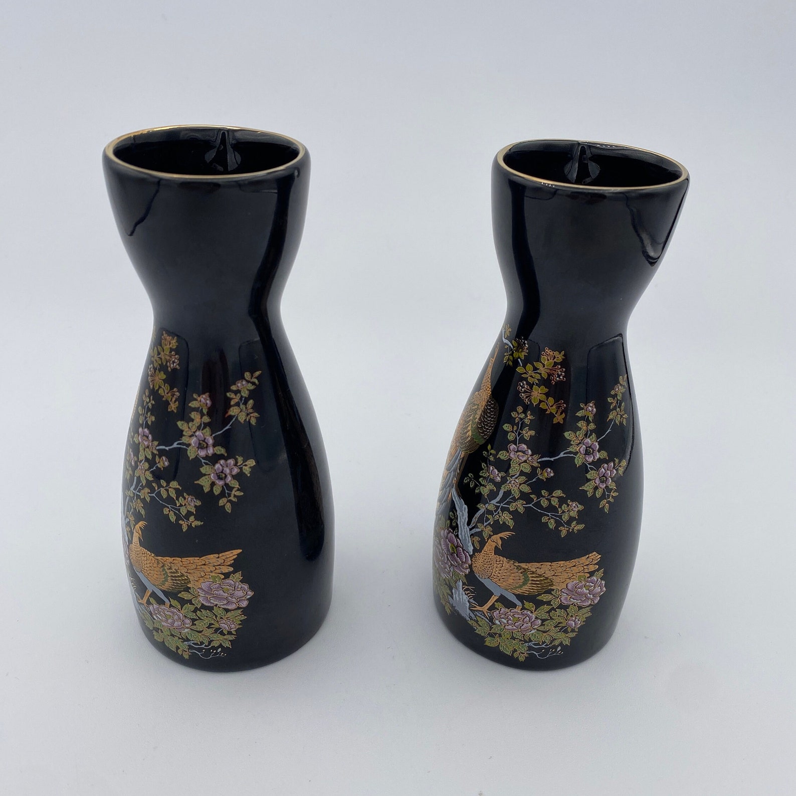 Vintage Japanese Sake Bottles, Cobalt Blue, Golden Pheasant Birds, Bud ...