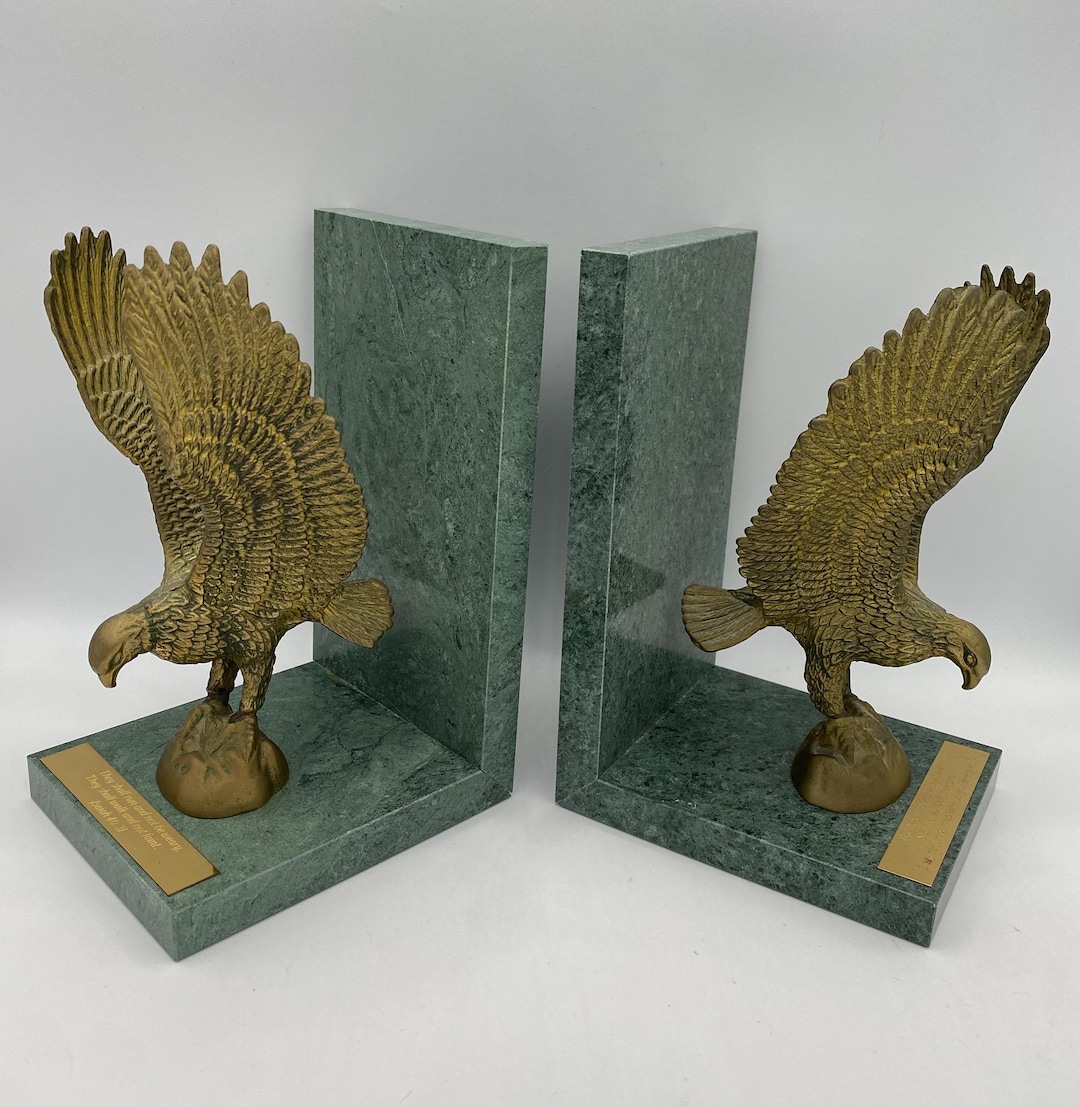 Vintage Brass Eagle Bookends With Green Marble Bases; Sculptural ...