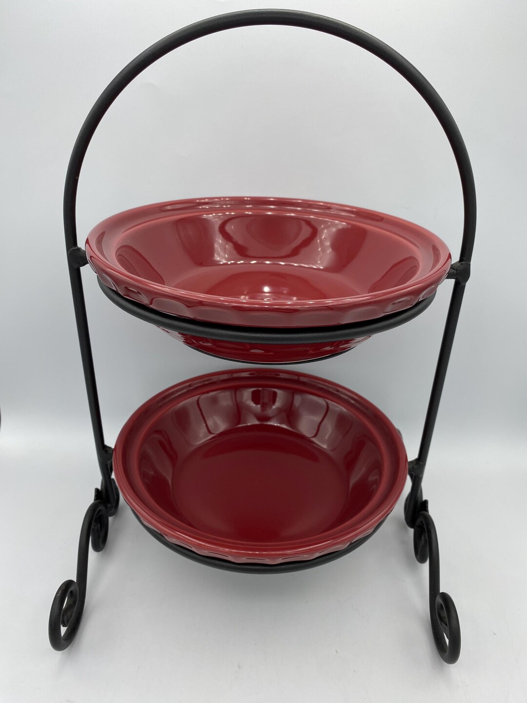 Longaberger Pottery Paprika Red Small Pie Plate Two-tier Wrought Iron ...