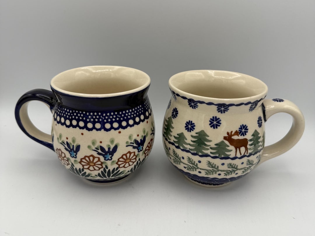 Polish Pottery Mugs - Boleslawiec Hand-painted Winter Forest & Folk Art ...