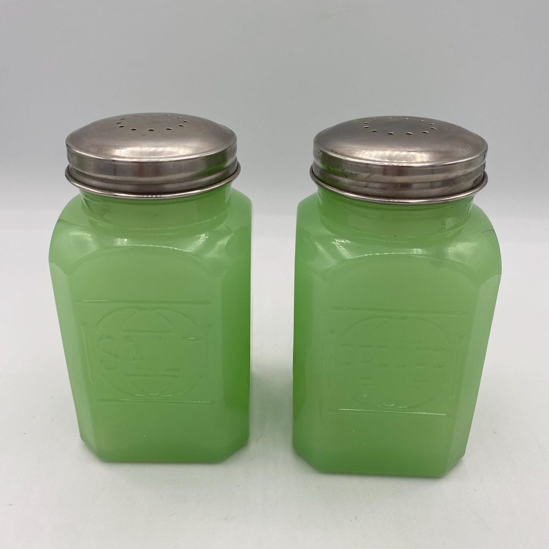 Green Jadeite Salt and Pepper Shakers With Metal Lids Depression Style ...