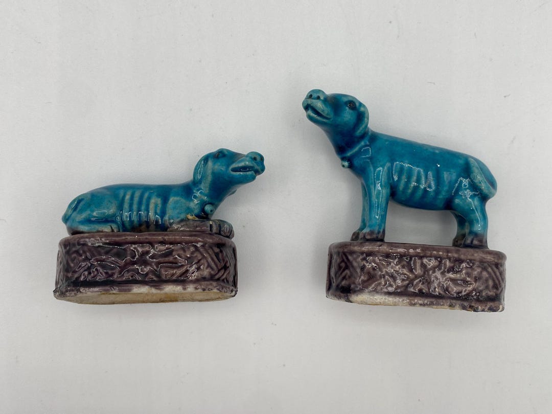 Vintage Chinese Mud Dog Figurines; Rare Turquoise Mud Dogs; Unusual Mud ...
