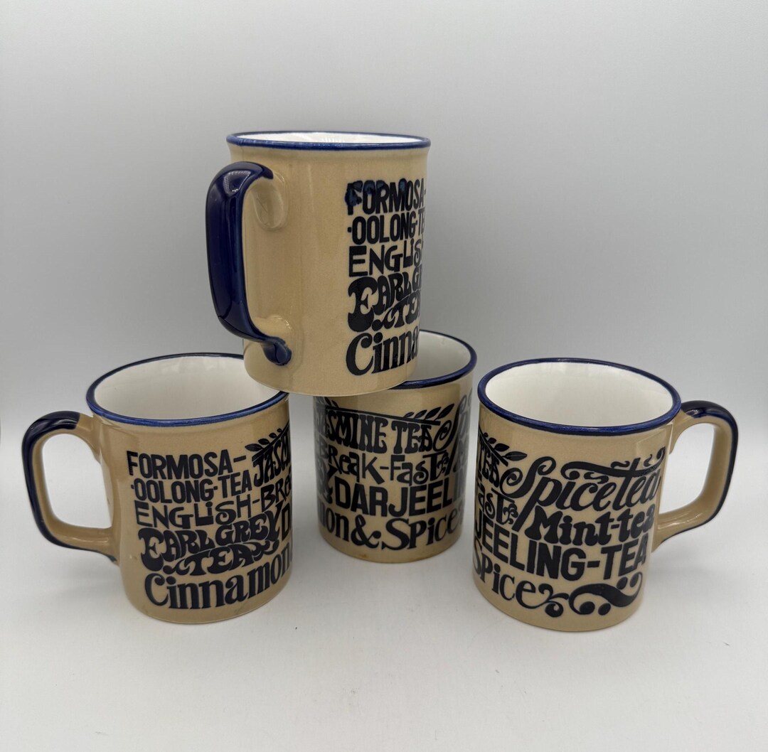 Set of 4 Vintage Tea Typography Mugs – Blue Rim Ceramic – Darjeeling ...
