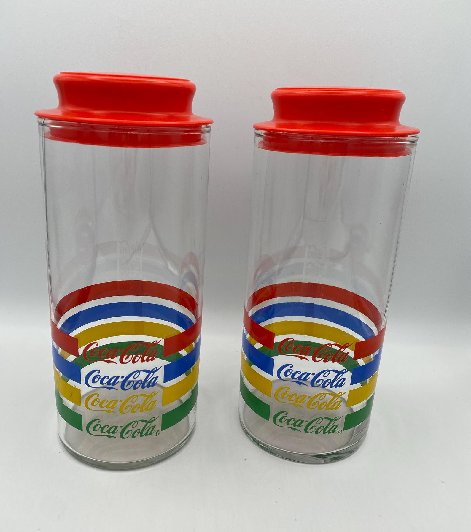 Coca Cola Glass Jars Canisters With Red Plastic Lid & Rainbow Stripes ...