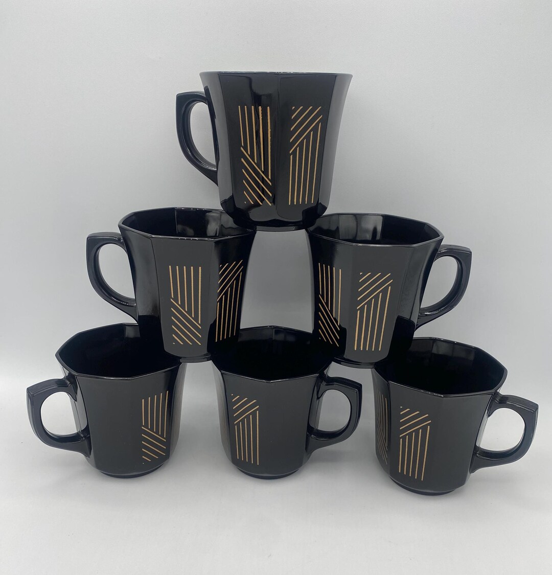 Arcoroc France Octime Coffee Tea Cups Mugs; Black With Gold Geometric ...