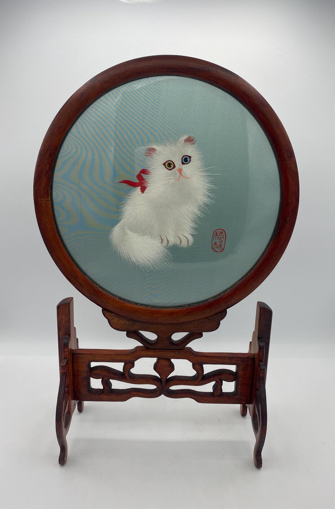 Vintage Chinese Silk Embroidery Cat With Heterochromatic Eyes ...