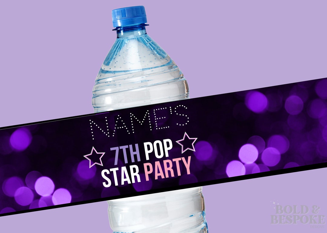VIP Pop Star Party Purple Water Bottle Labels and Stickers Editable ...