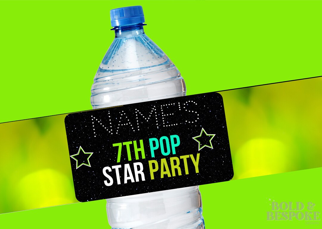 VIP Rock Star Party Green Water Bottle Labels and Stickers Editable ...