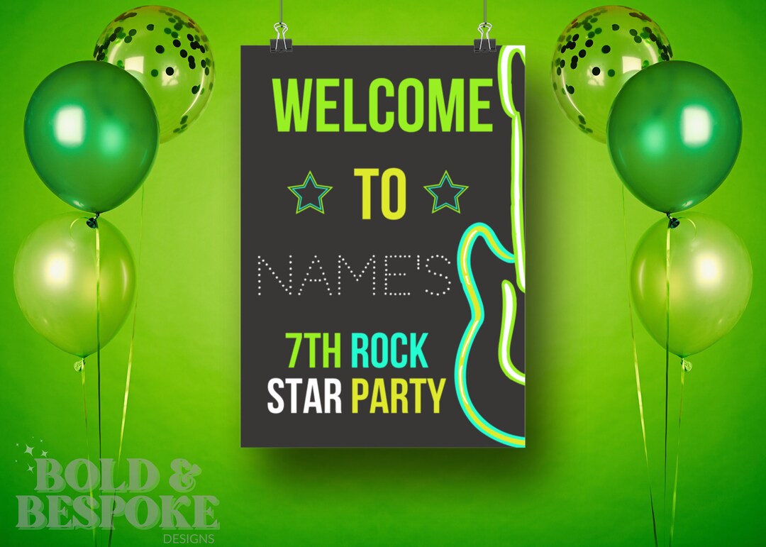 4 Pack Editable Canva Template VIP Rock Star Green Birthday Party ...