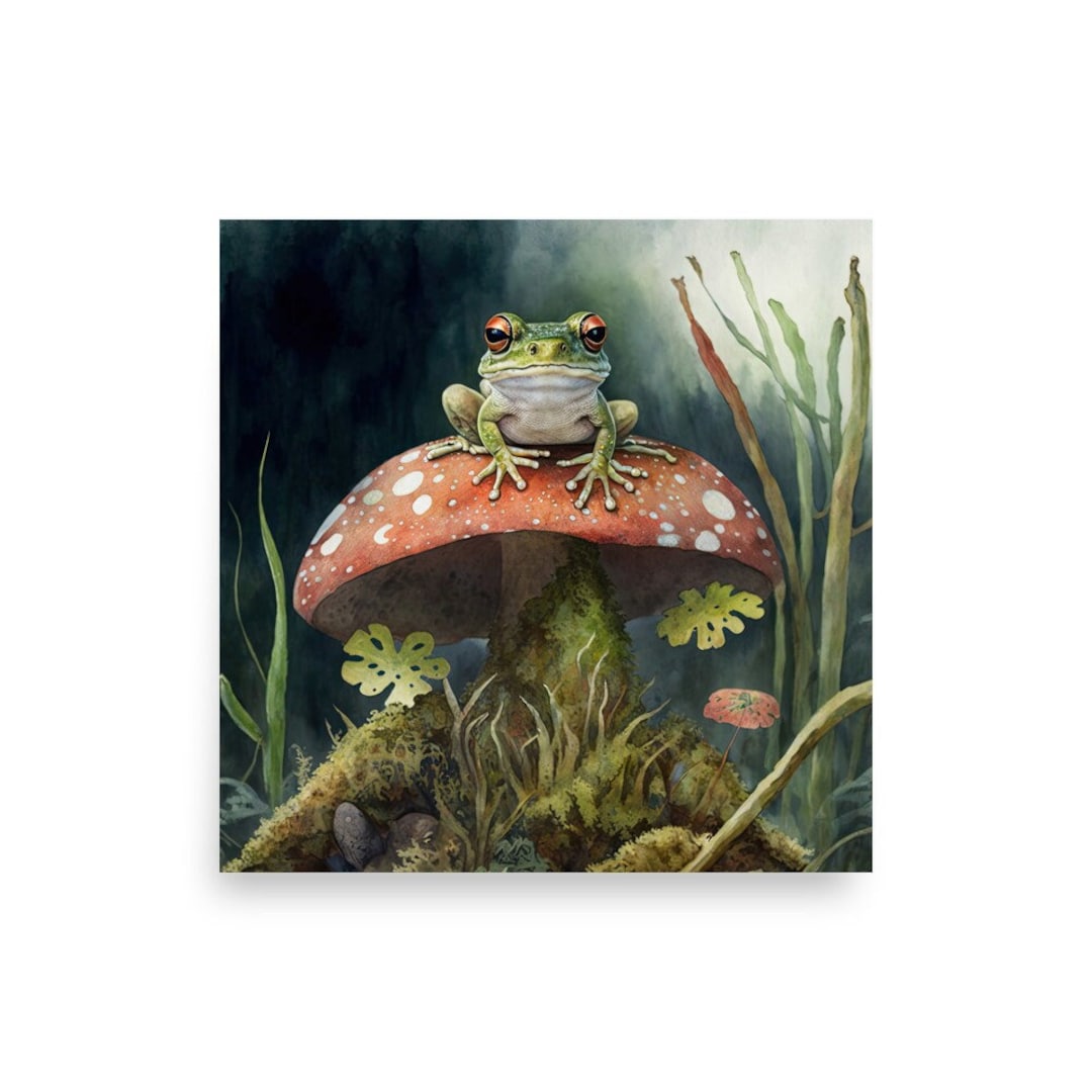 Frog on a Red Toadstool Botanical Decor Frog Watercolor - Etsy