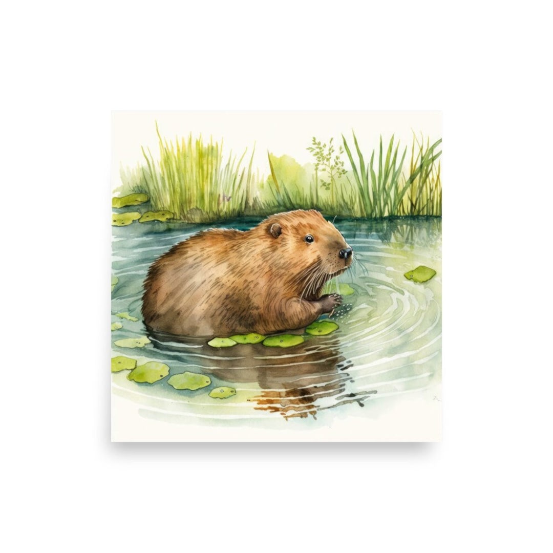 Beaver in a Pond, Beaver Art, Woodland Nursery Art, Painting Wall Art ...