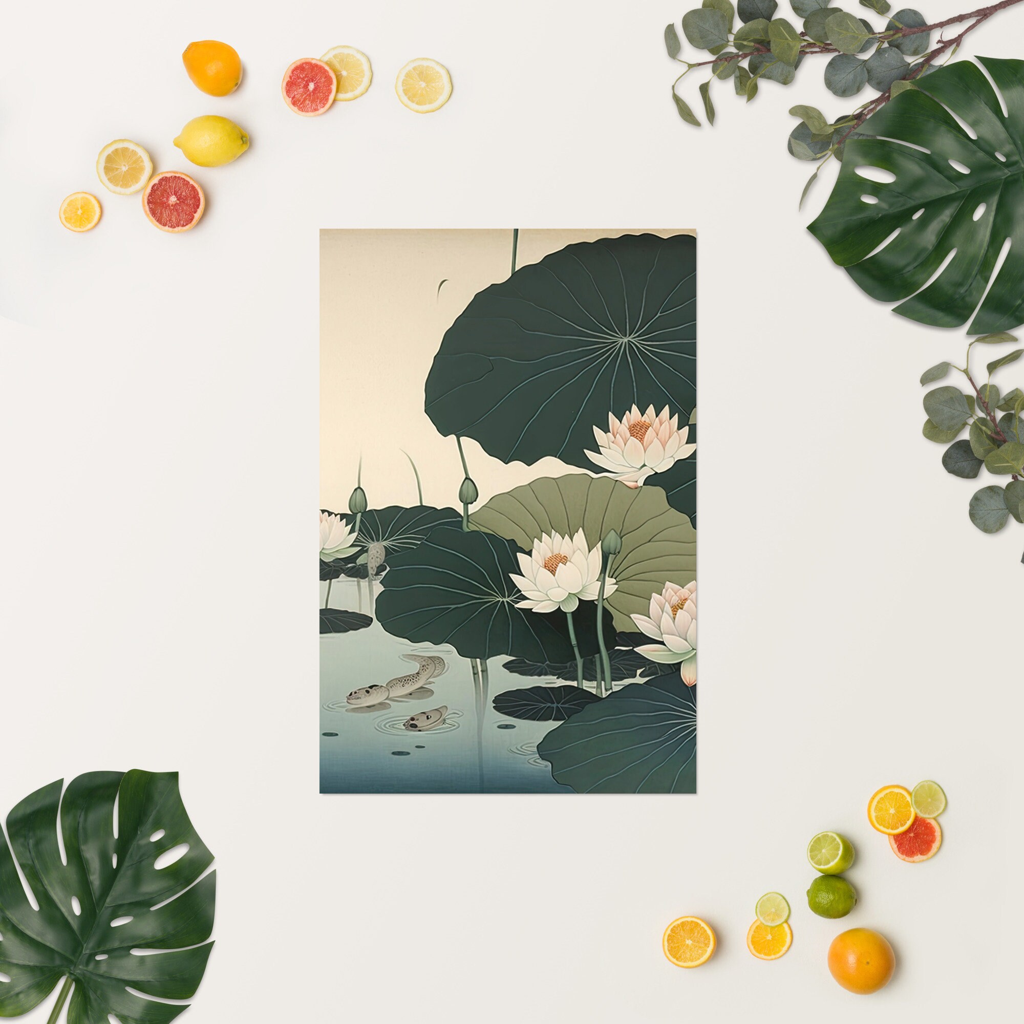 Japanese Lotus and Water Lilies, Water Lily Print, Lotus Green Leaves ...