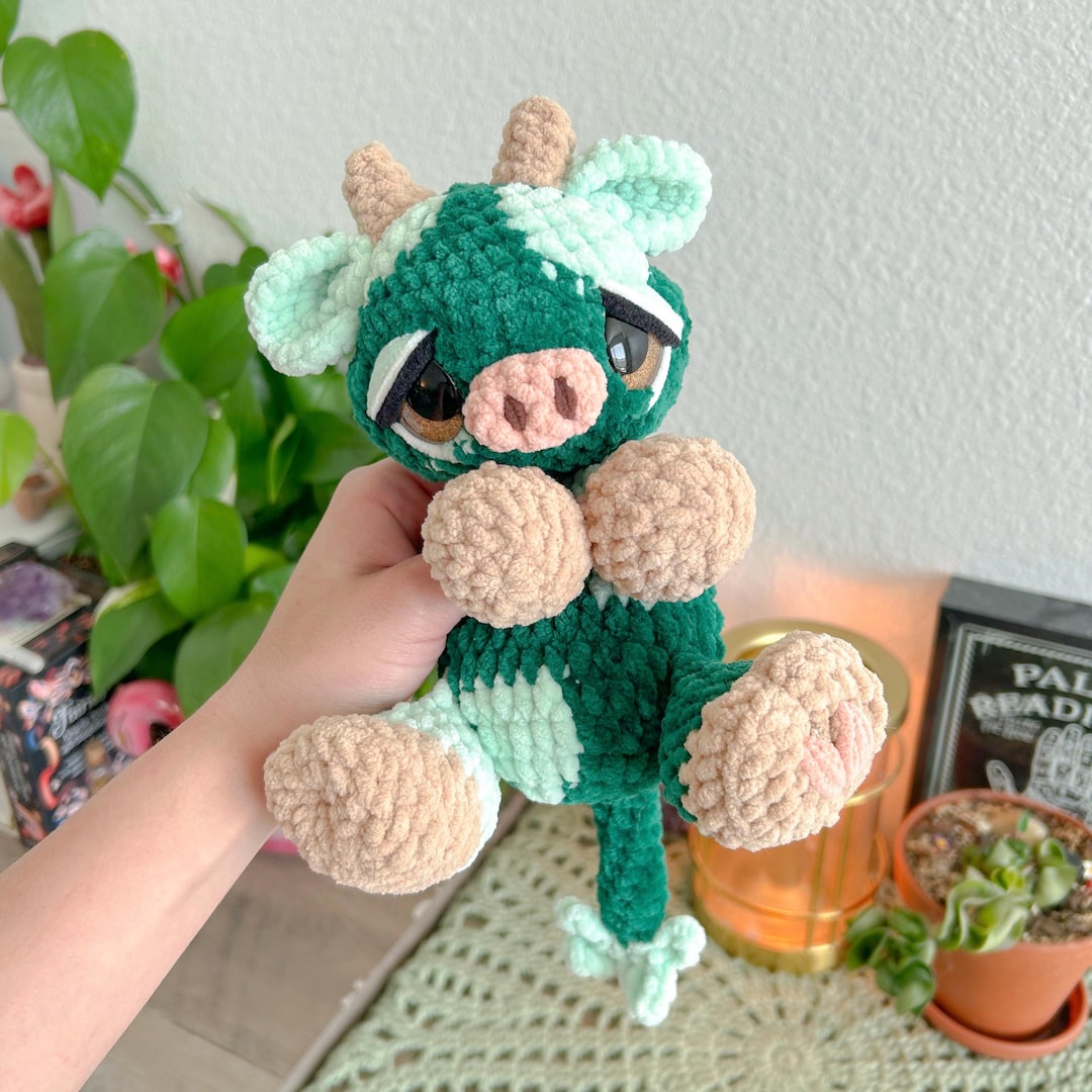 Kiwi Cow Snuggler Plushie: Hand-painted Eyes, Emerald Mint, Handmade ...