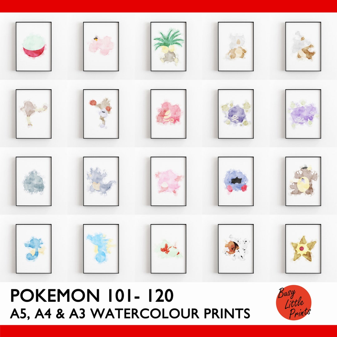 POKEMON Number 101-120 Watercolour Wall Art Print, A5 A4 A3 Size Poster ...