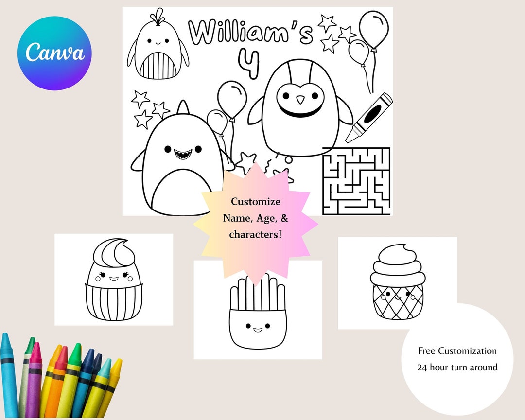 Squishmallow Birthday Coloring Activity Canva Template Kids Party Favor ...