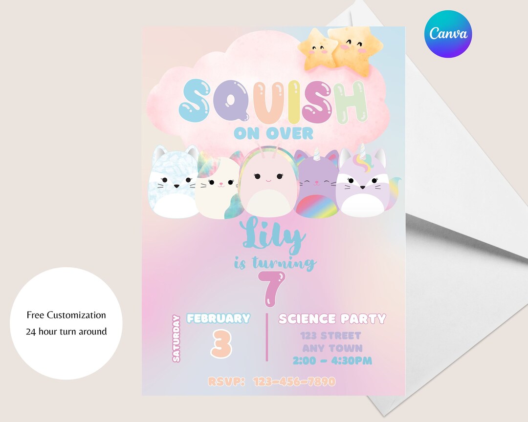 Convite Squishmallow Modelo Canva Festa Squishmallow Convite para festa ...