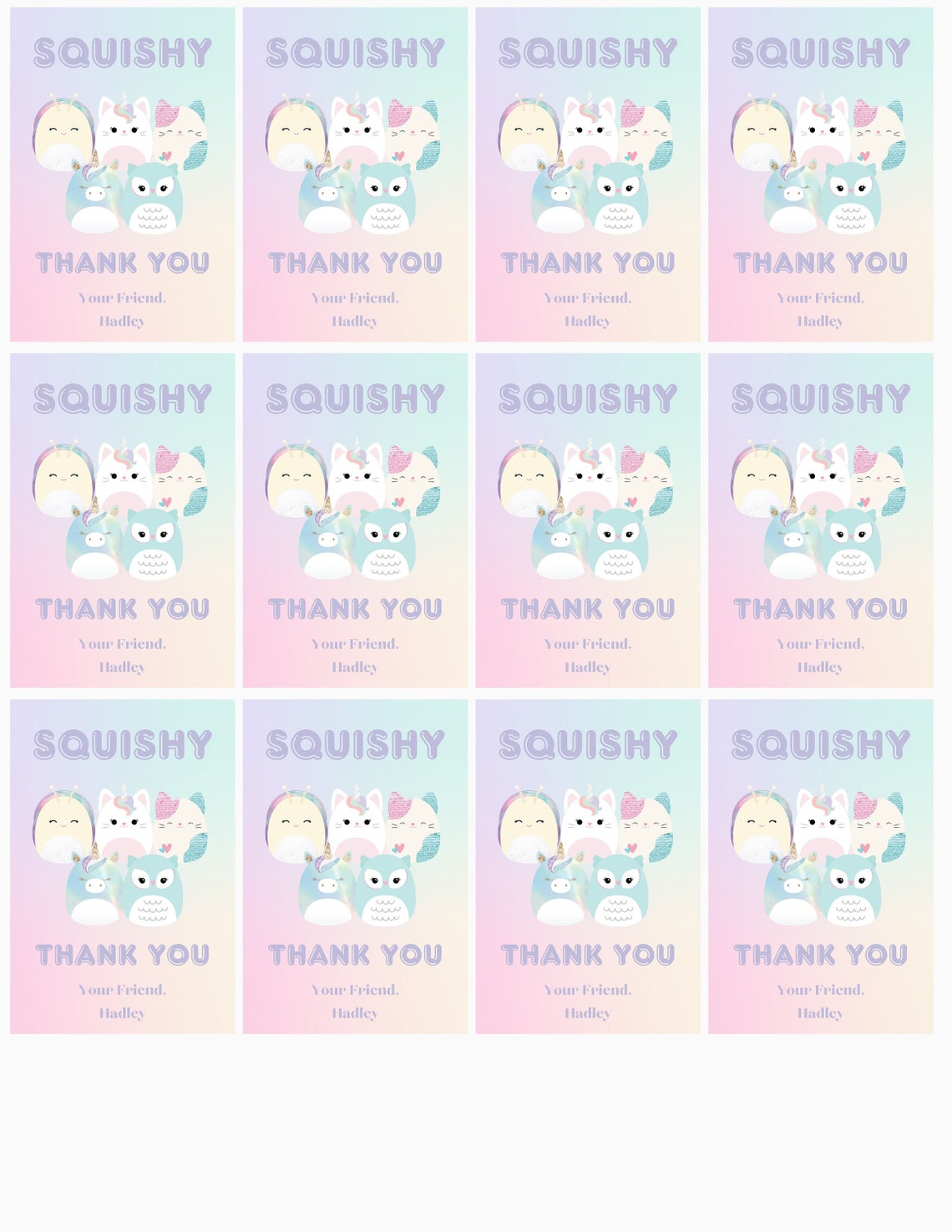 Squishmallow Thank You Tags Canva Template Squishmallow Party Favor ...