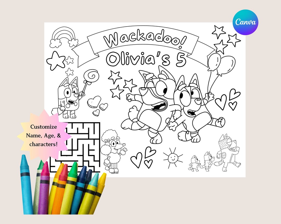 Bluey Birthday Coloring Pages Canva Template Kids Party Favours ...