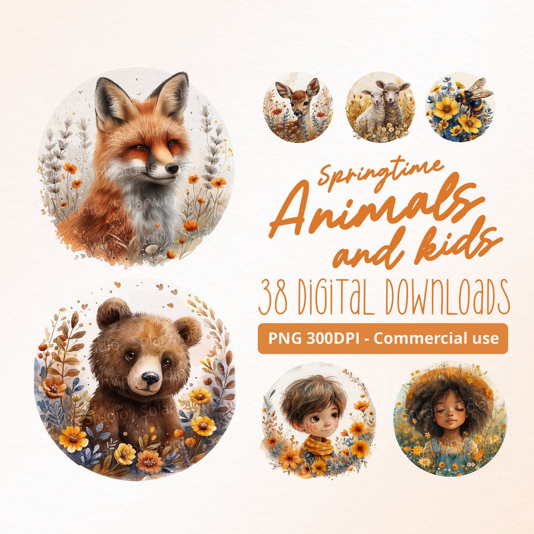 Adorable Springtime Animals and Kids Clipart: 38 Pngs, Commercial Use ...