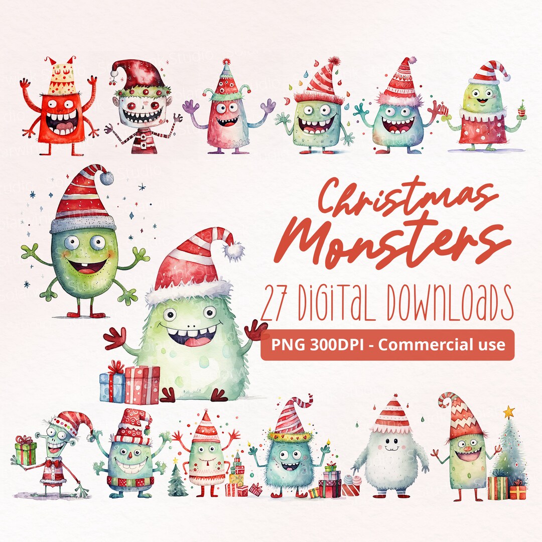 Funny Christmas Monster Clipart: 27 PNG Illustrations (commercial Use ...