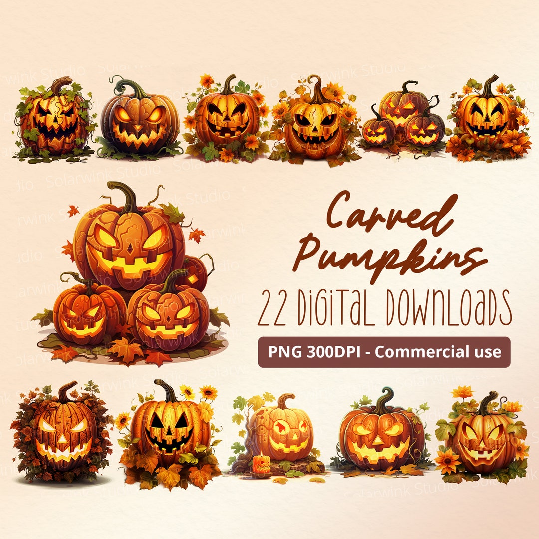 Carved Pumpkin Clipart Set - 22 Illustrated PNG Jack-'o-lanterns on ...
