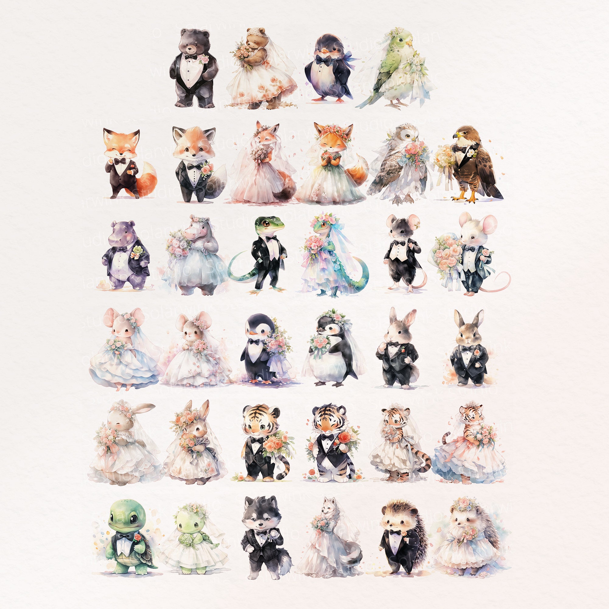 Cute Wedding Animals PNG Clipart Set of 34 Commercial Use, 300DPI ...