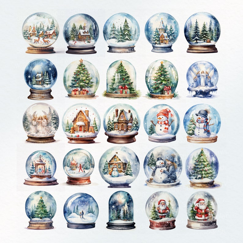 Watercolor Winter Snow Globe - 25 PNG Illustrations - Commercial Use ...