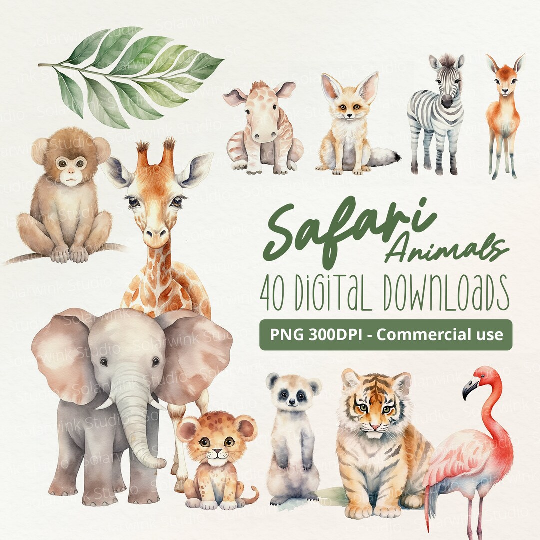 Cute Safari Animals Set - 40 Pngs, Watercolor, Commercial Use, 300dpi ...