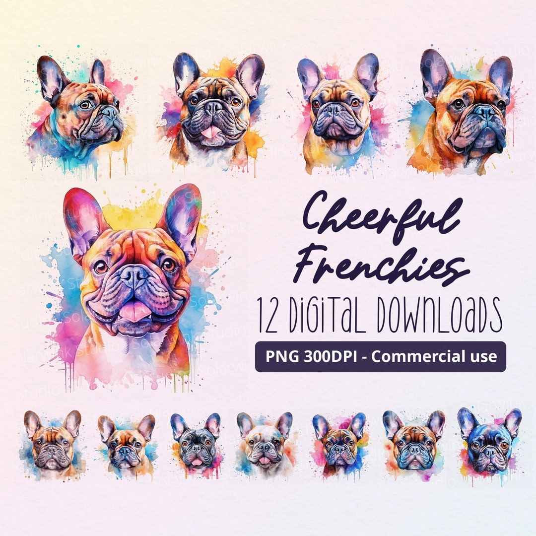 Cheerful Frenchies: Vibrant Watercolor Pet Portraits - Set of 12 PNG ...