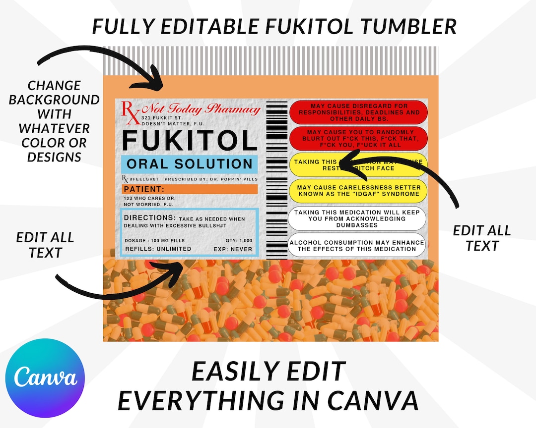 EDITABLE Fukitol Tumbler Wrap Pill Bottle Rx Tumbler - Etsy