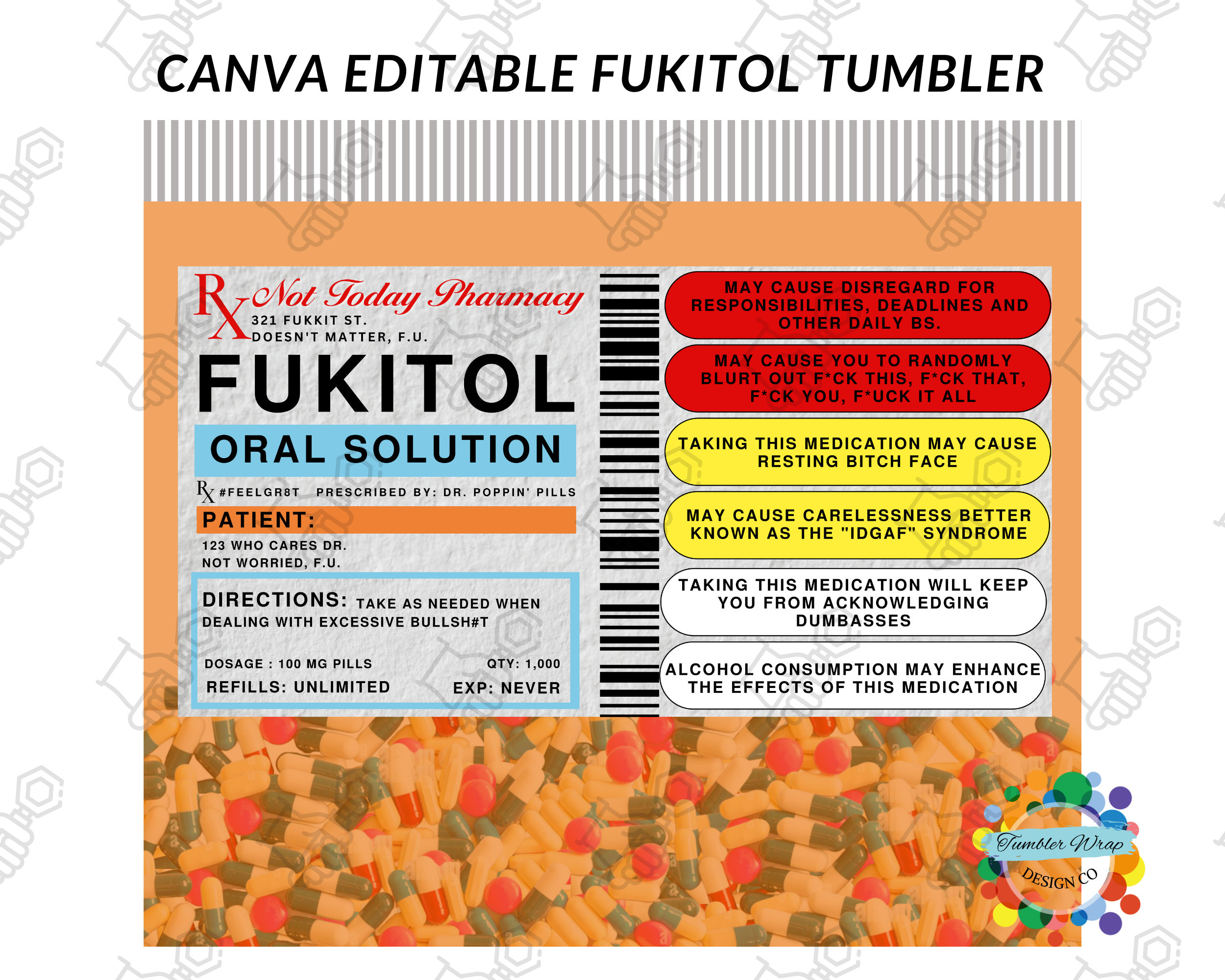 EDITABLE Fukitol Tumbler Wrap Pill Bottle Rx Tumbler - Etsy