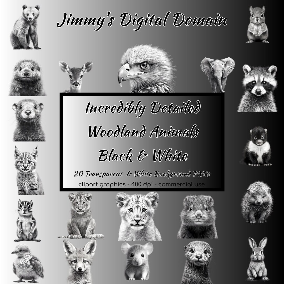 Black and White Woodland Animal Clipart, Animal Clipart for Nursery ...