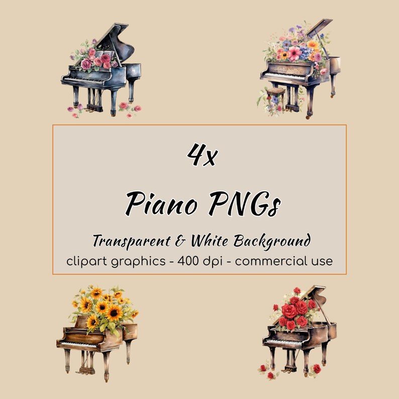 Watercolor Floral Instruments Clipart: Wedding Music PNG (digital ...