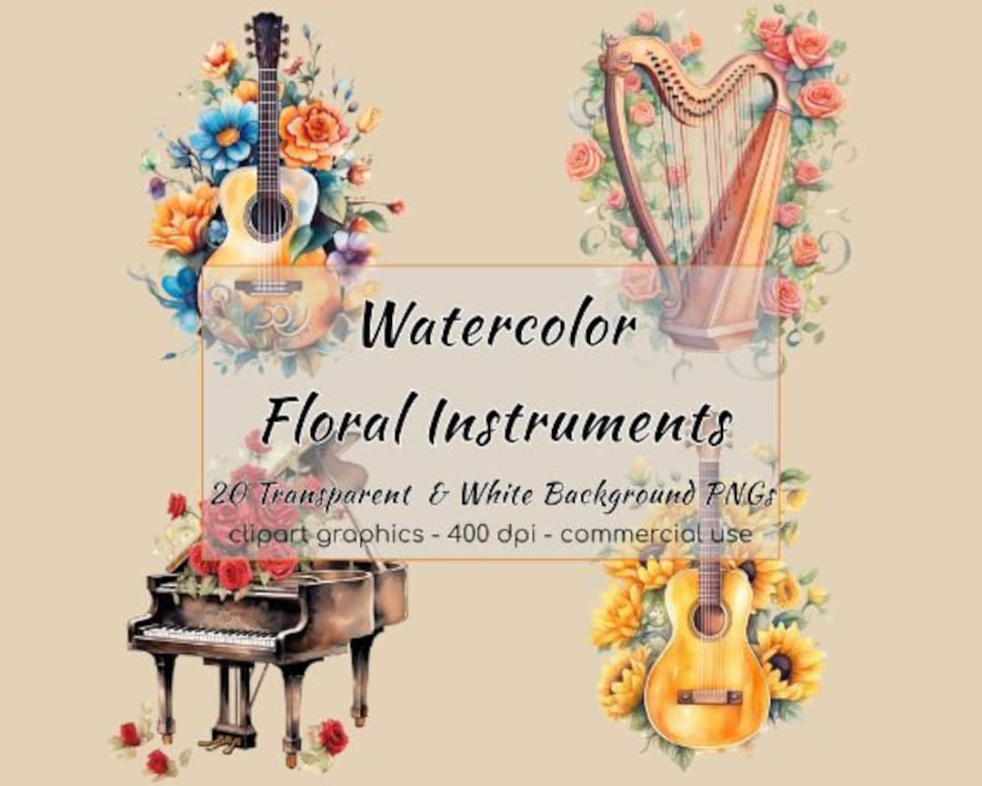 Watercolor Floral Instruments Clipart: Wedding Music PNG (digital ...