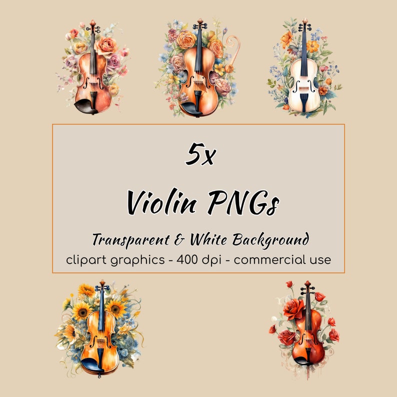 Watercolor Floral Instruments Clipart: Wedding Music PNG (digital ...