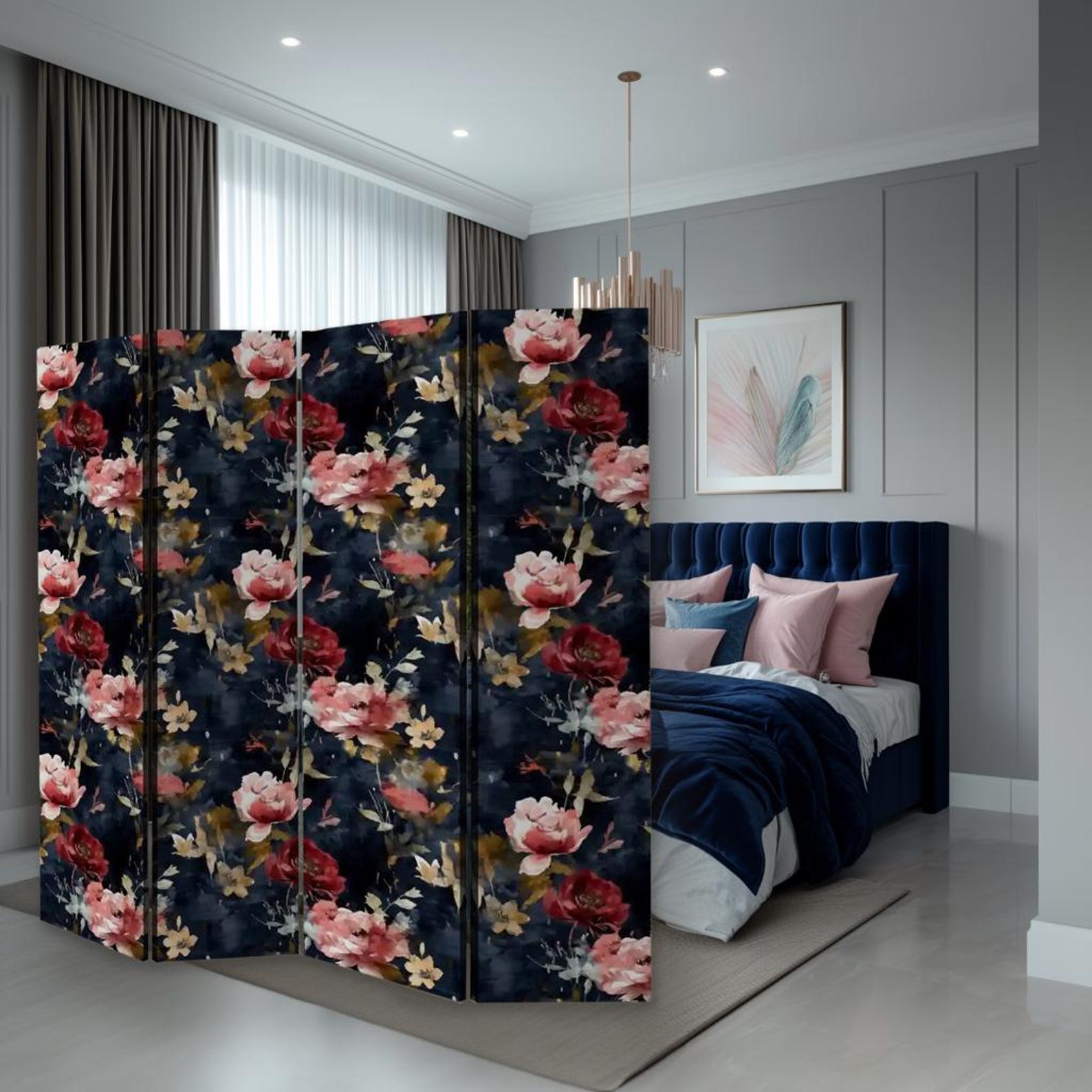 4 Panel Room Divider Folding Screen / Emma Rose | 2 Color Choices ...