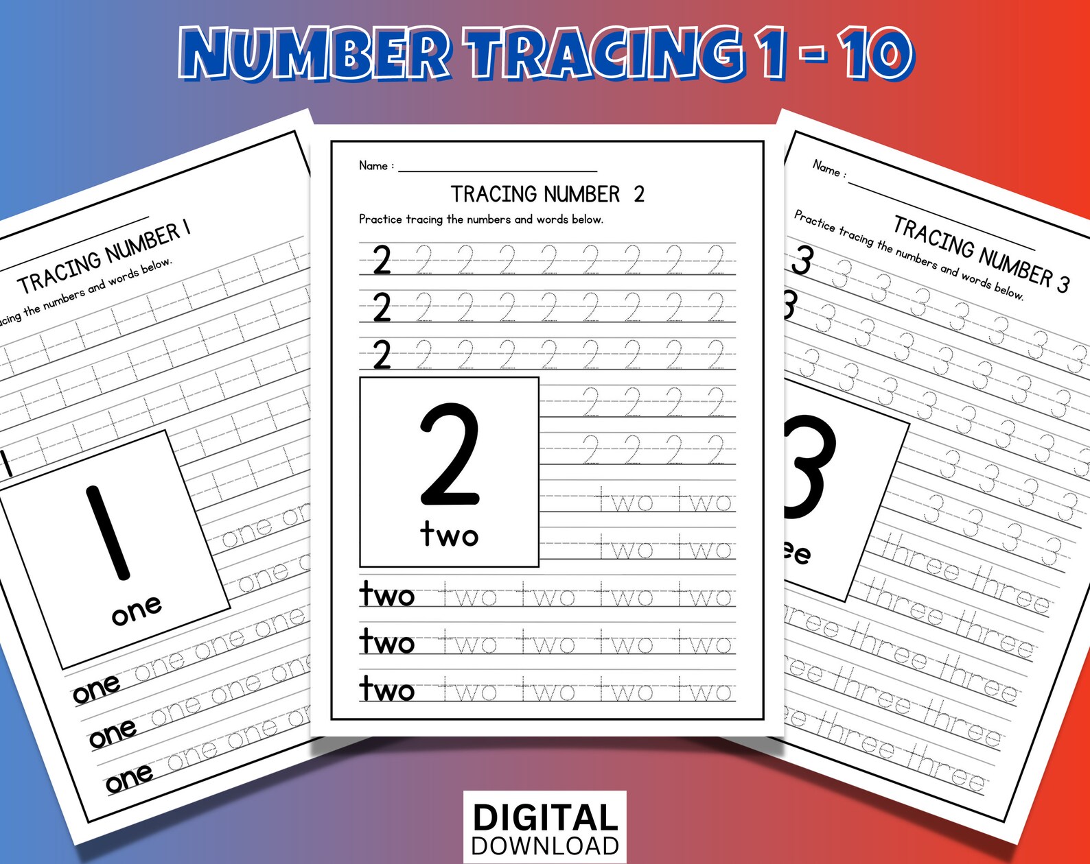 Number Tracing 1-10 Worksheet Handwriting Practice for Preschool ...