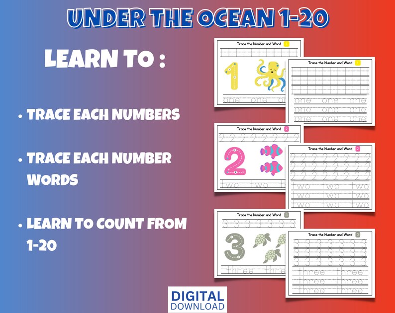 Oceanic Adventure Learn to Trace and Count 1-20 Worksheet Include ...