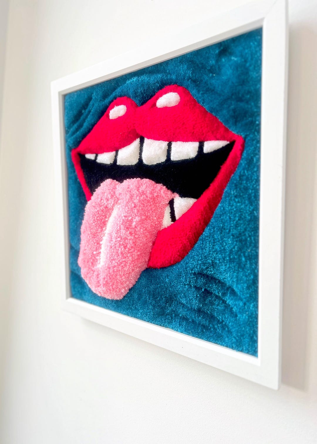 Framed Tufted Wall Art, Emoji Tufted Wall Hanging, Handmade Tongue Out ...