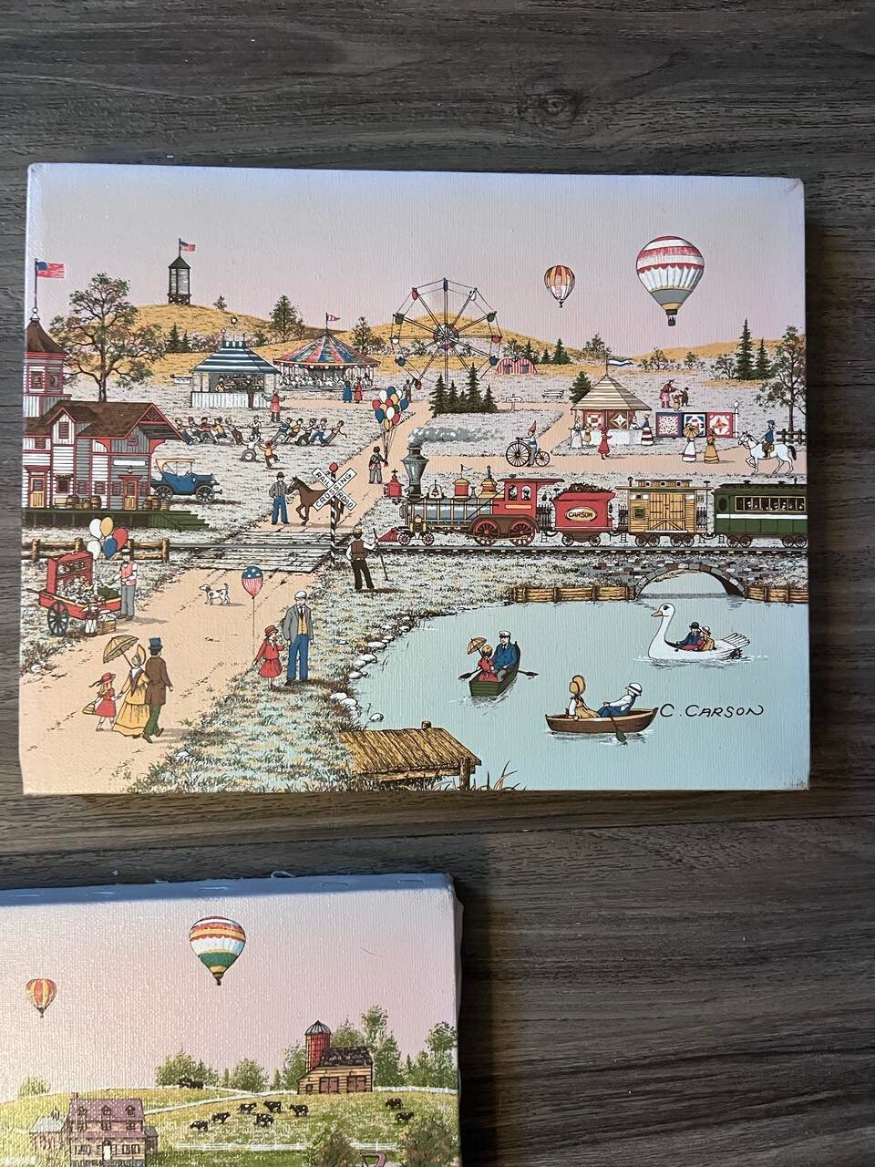 Artist C. Carson Painting Hot Air Balloons Set of Two Paintings Folk ...