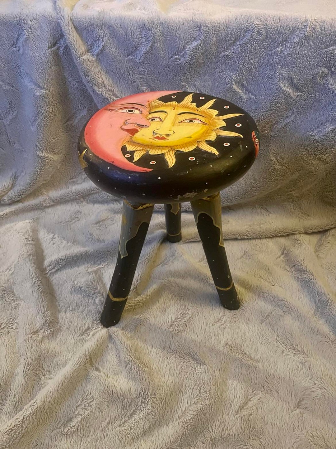 Vintage Hand Carved and Painted Indonesian Small Celestial Sun and Moon Stool Decorative Made in ...