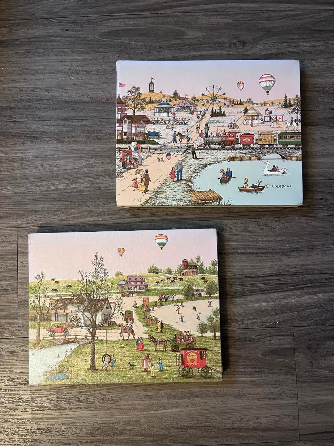 Artist C. Carson Painting Hot Air Balloons Set of Two Paintings Folk ...