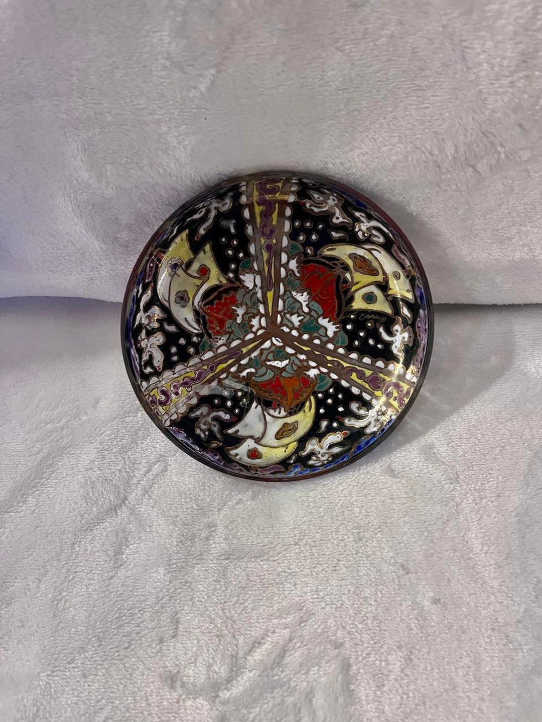 Rare ROYO Style Signed Carlos Bohemian Enameled Art Glass Trinket Dish ...