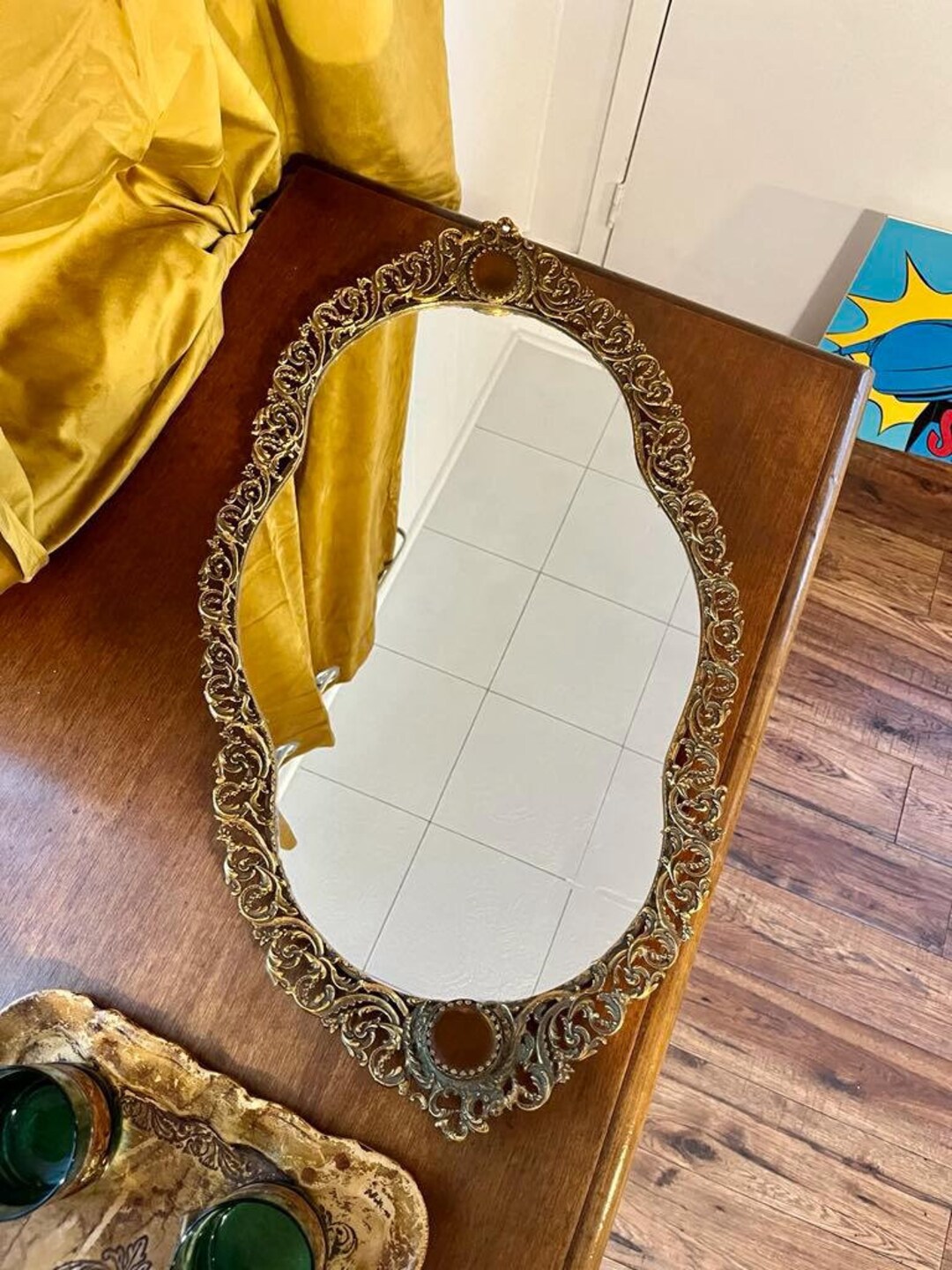 Lrg Vintage Gold Gilt Ormolu Oval French Vanity Mirror Round Citrine ...