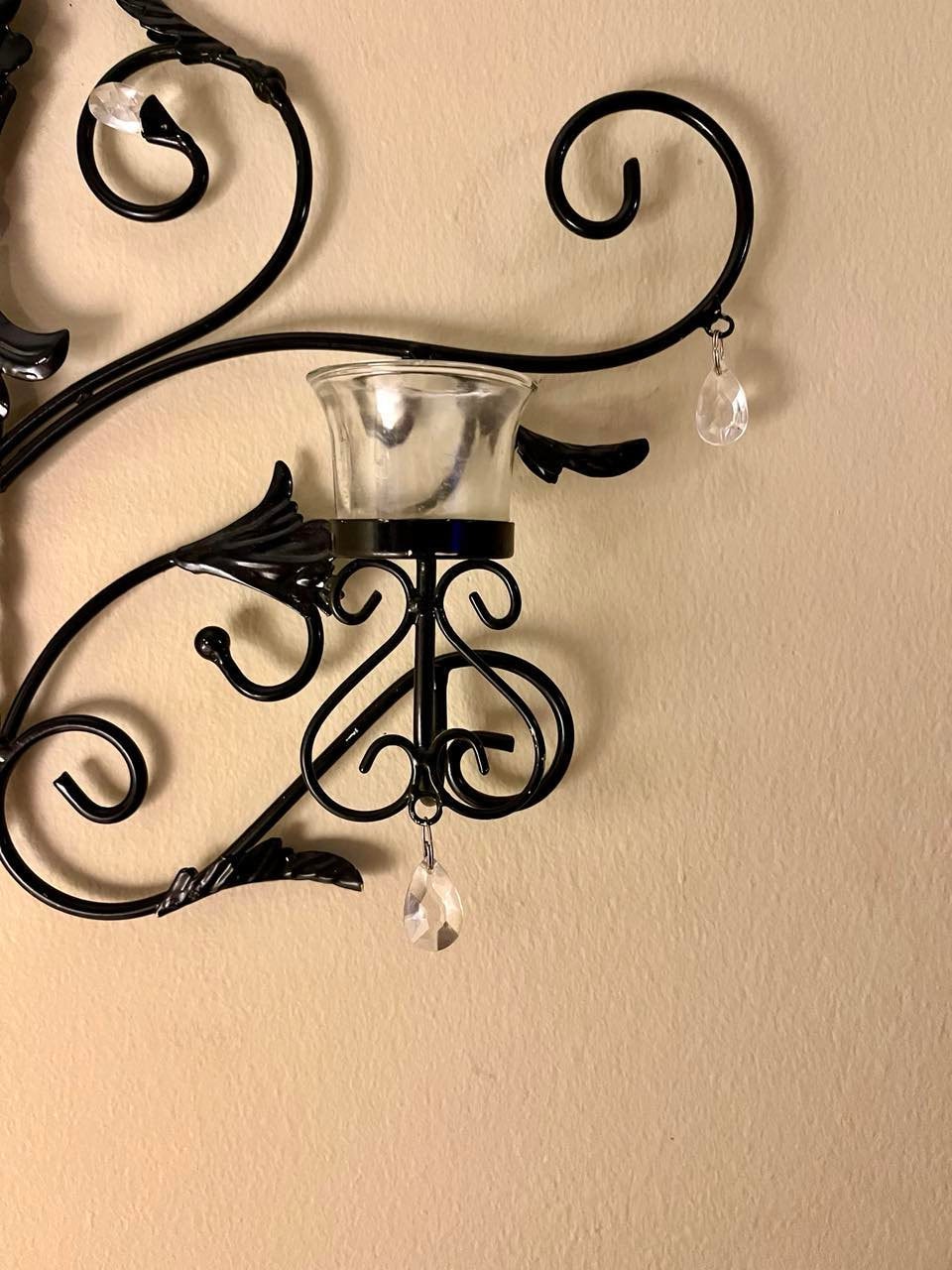 Vintage Black Metal Sconce Wall Art Dripping Crystal Accents Scroll ...