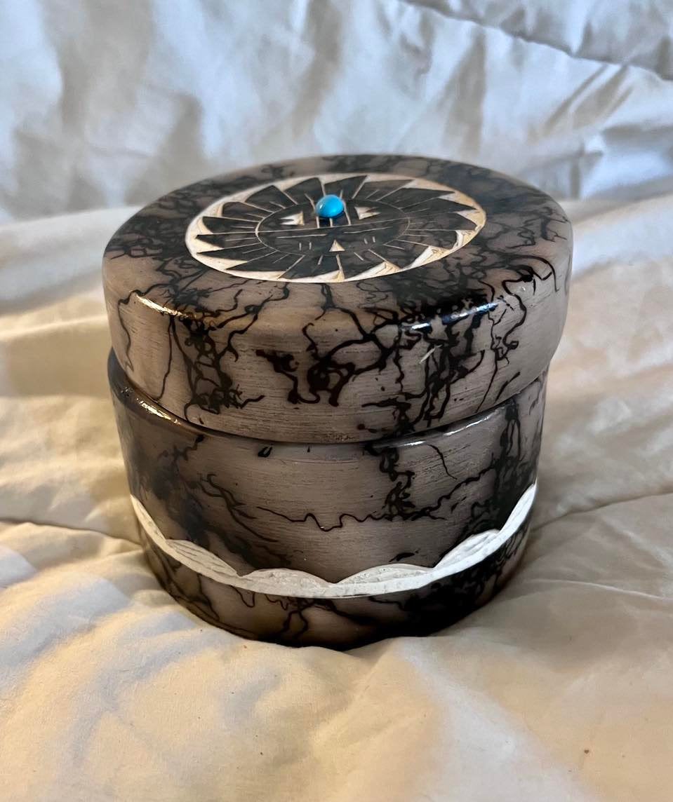 Vintage Hand Etched Navajo Horse Hair Box Jewelry Pottery Box Turquois ...